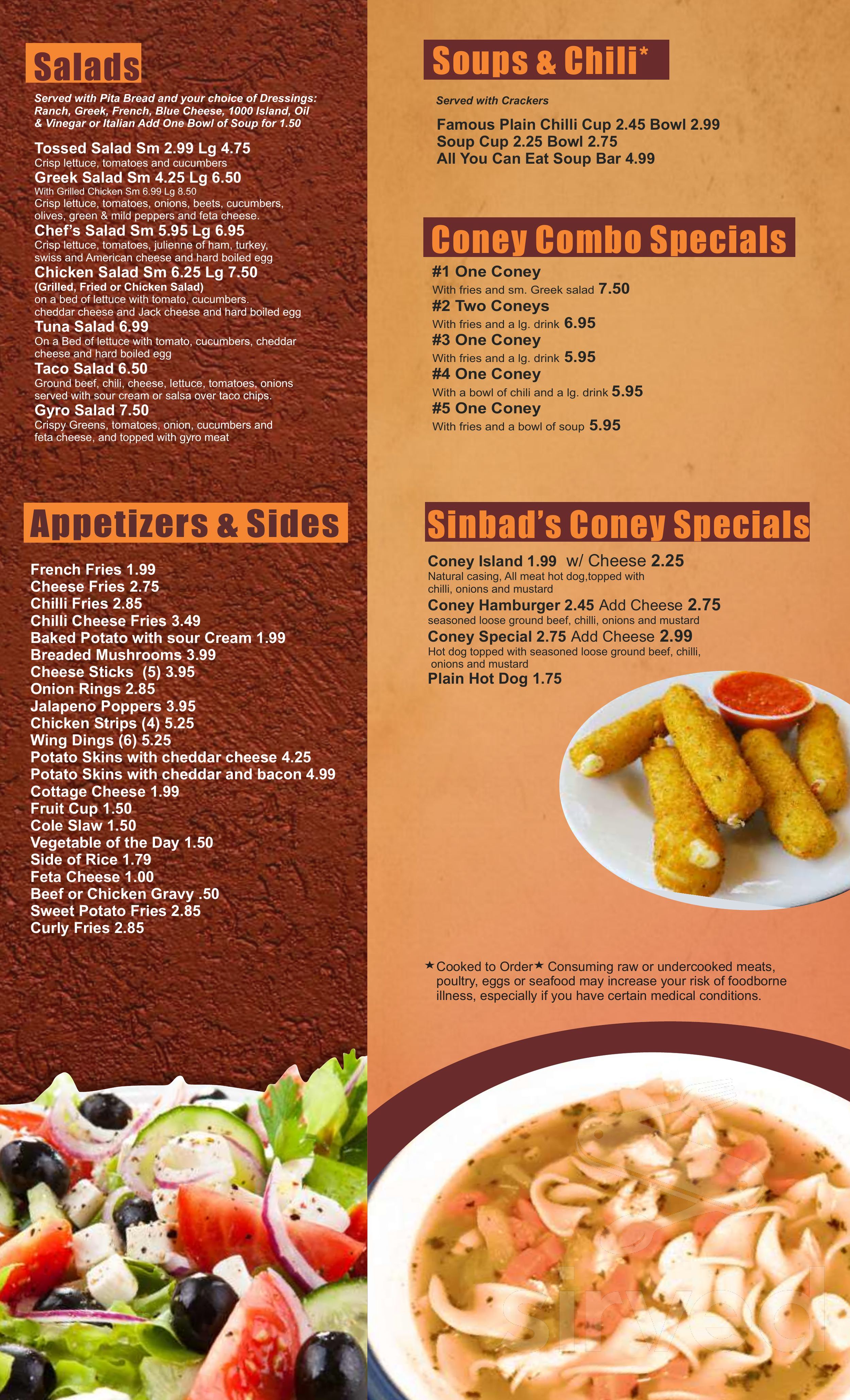 Sinbad's Koney Island menu in Ypsilanti, Michigan, USA
