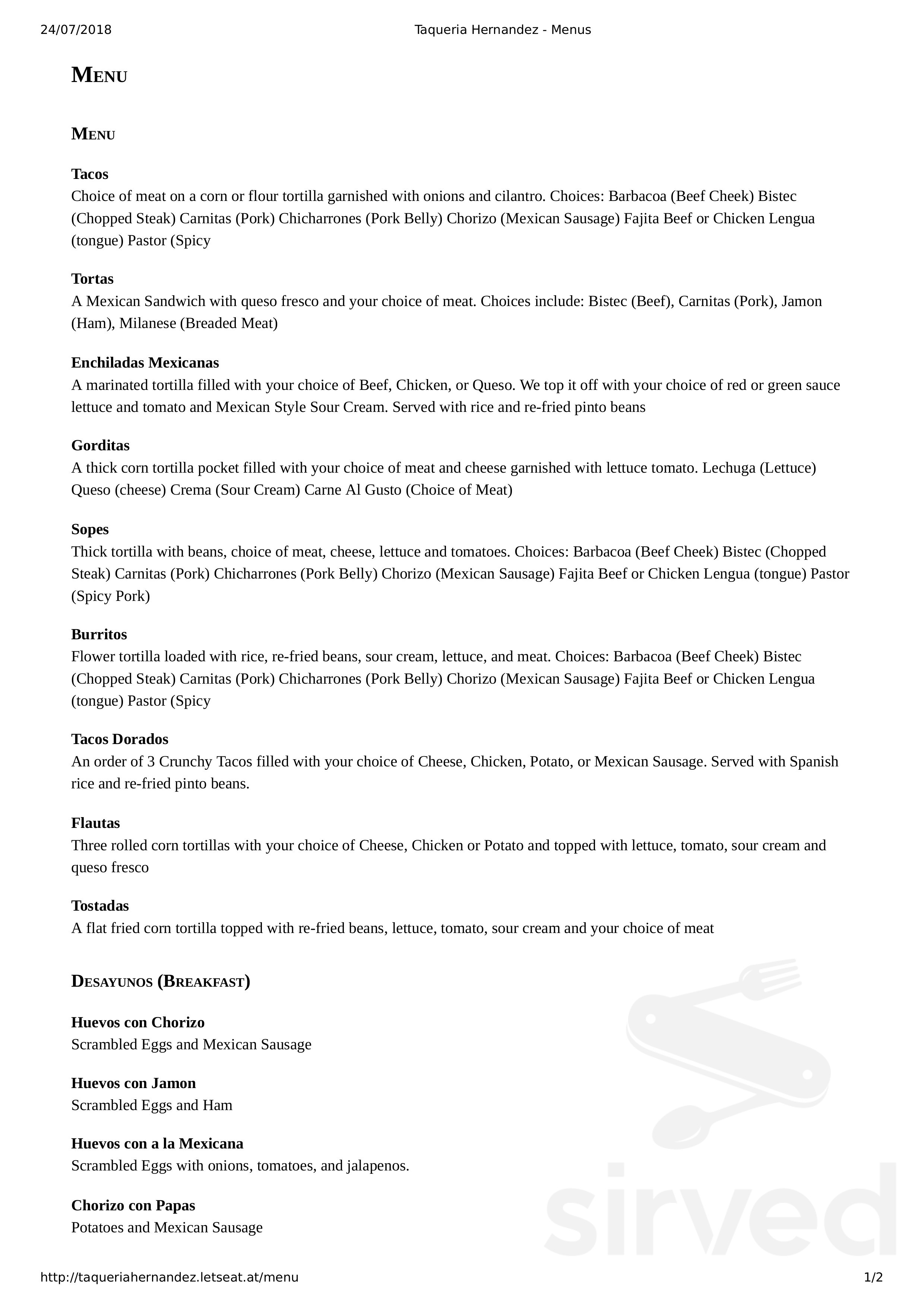 Taqueria Hernandez menu in McKinney, Texas, USA