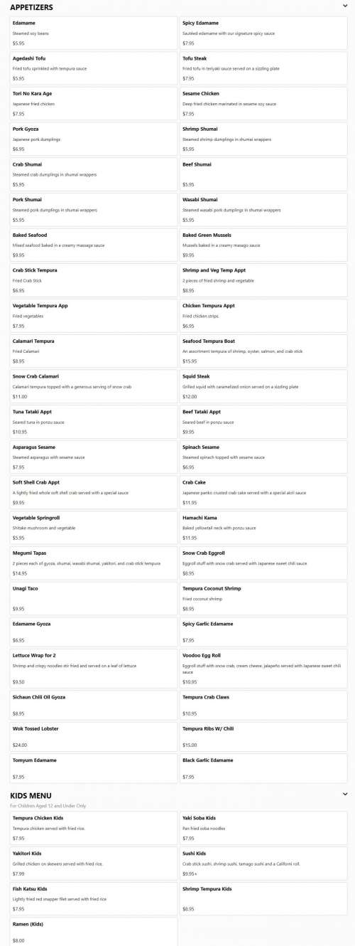 Megumi 21 menu in Covington, Louisiana, USA