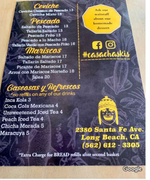 Casa Chaskis menu in Long Beach, California, USA
