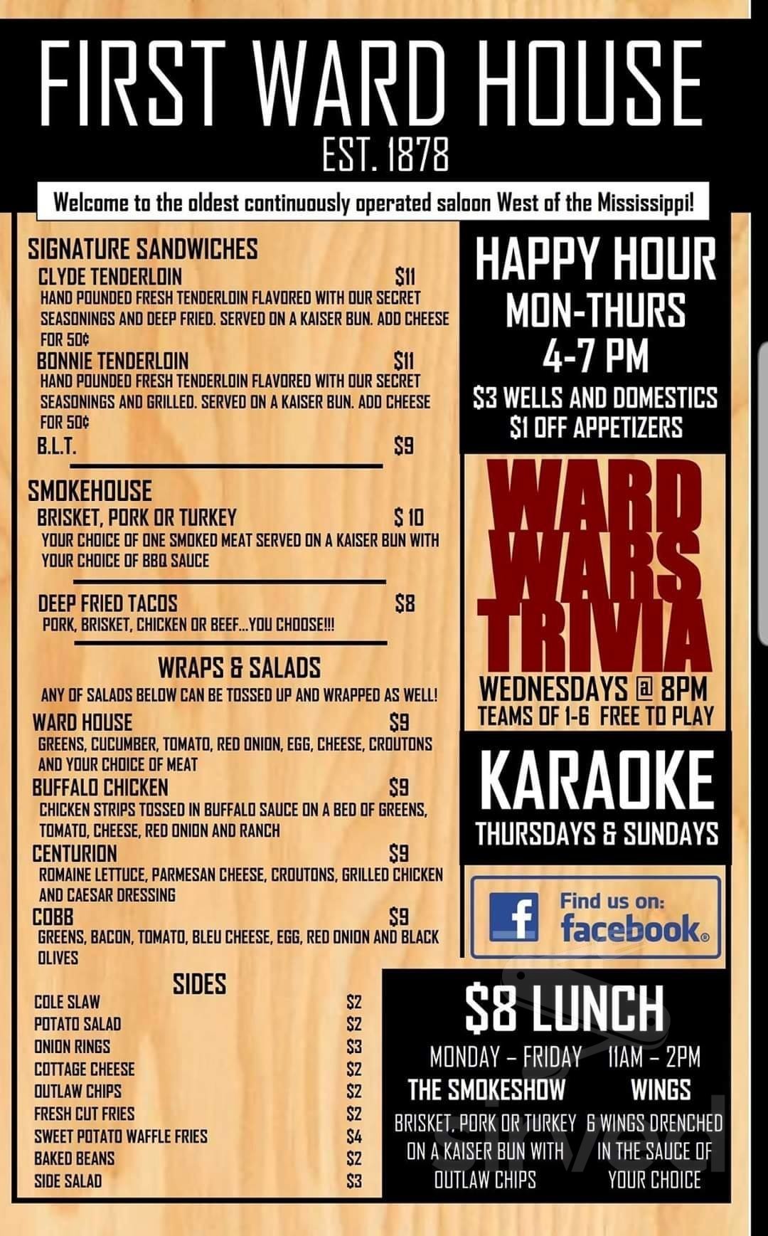 First Ward House menu in St Joseph, Missouri, USA