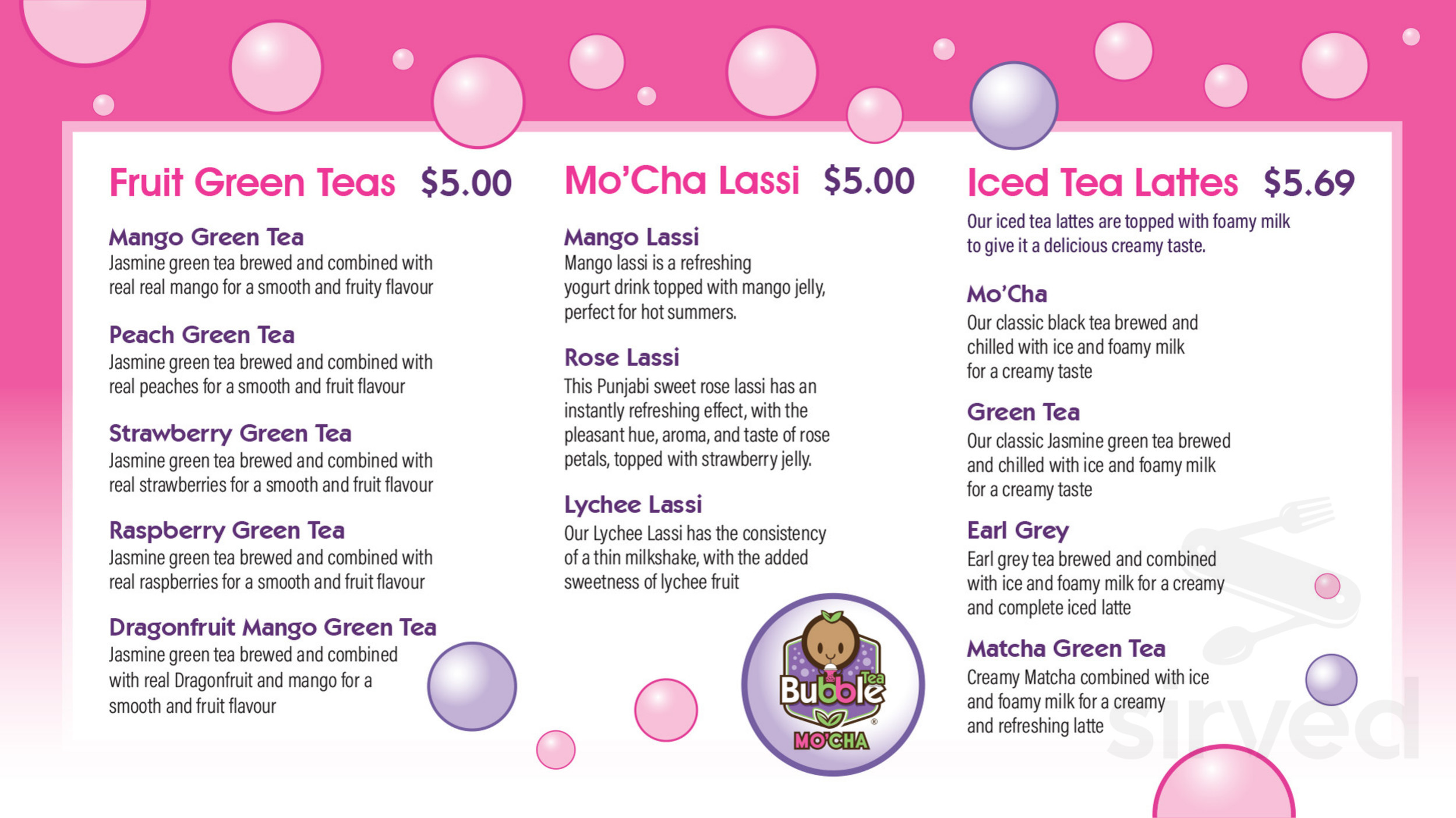 Mo'Cha Bubble Tea -LMR menus in Sarnia, Ontario, Canada