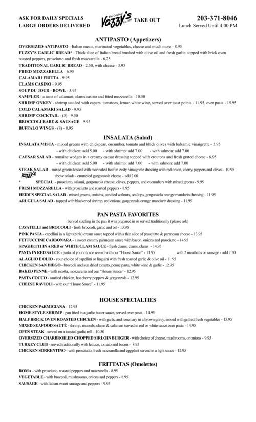 The Original Vazzy's menu in Bridgeport, Connecticut, USA