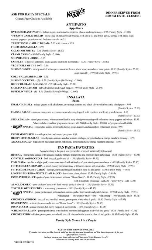 The Original Vazzy's menu in Bridgeport, Connecticut, USA