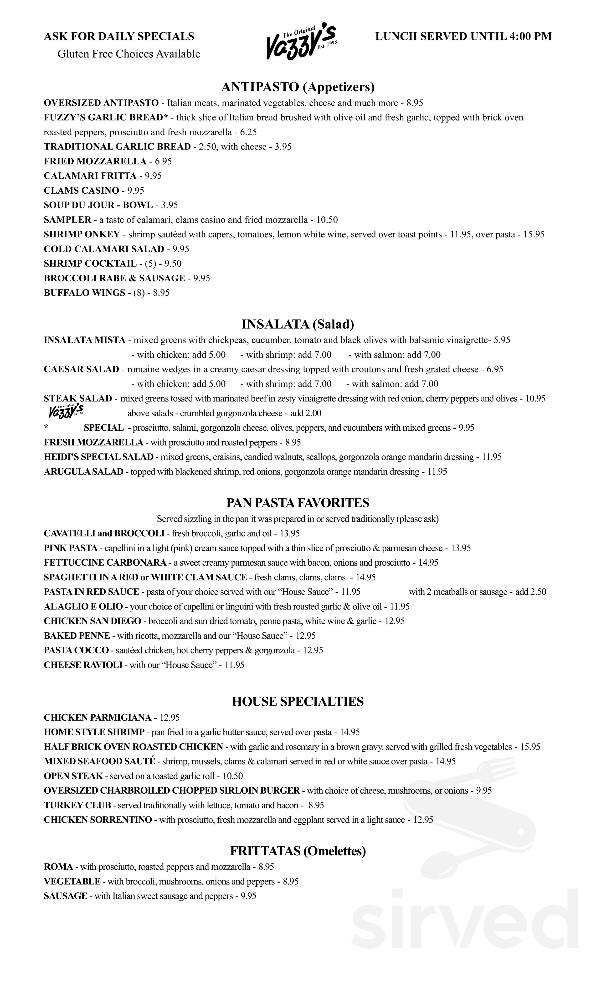 Menu for The Original Vazzy's in Bridgeport, CT | Sirved