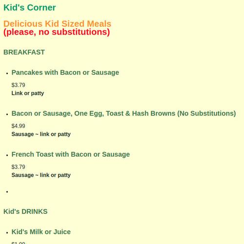 Jody's Diner menu in Evanston, Wyoming, USA