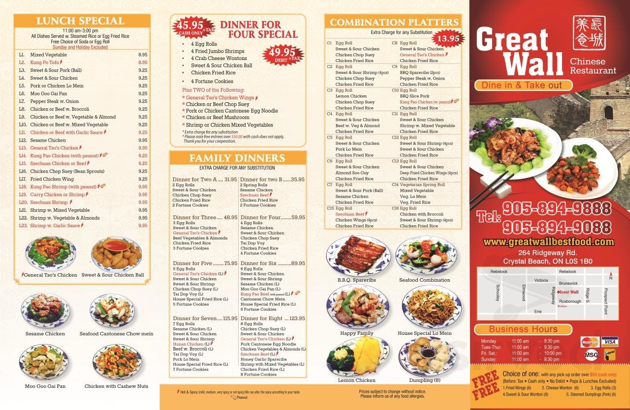 Menu - Crystal Beach ON's Great Wall Chinese Restaurant | Sirved