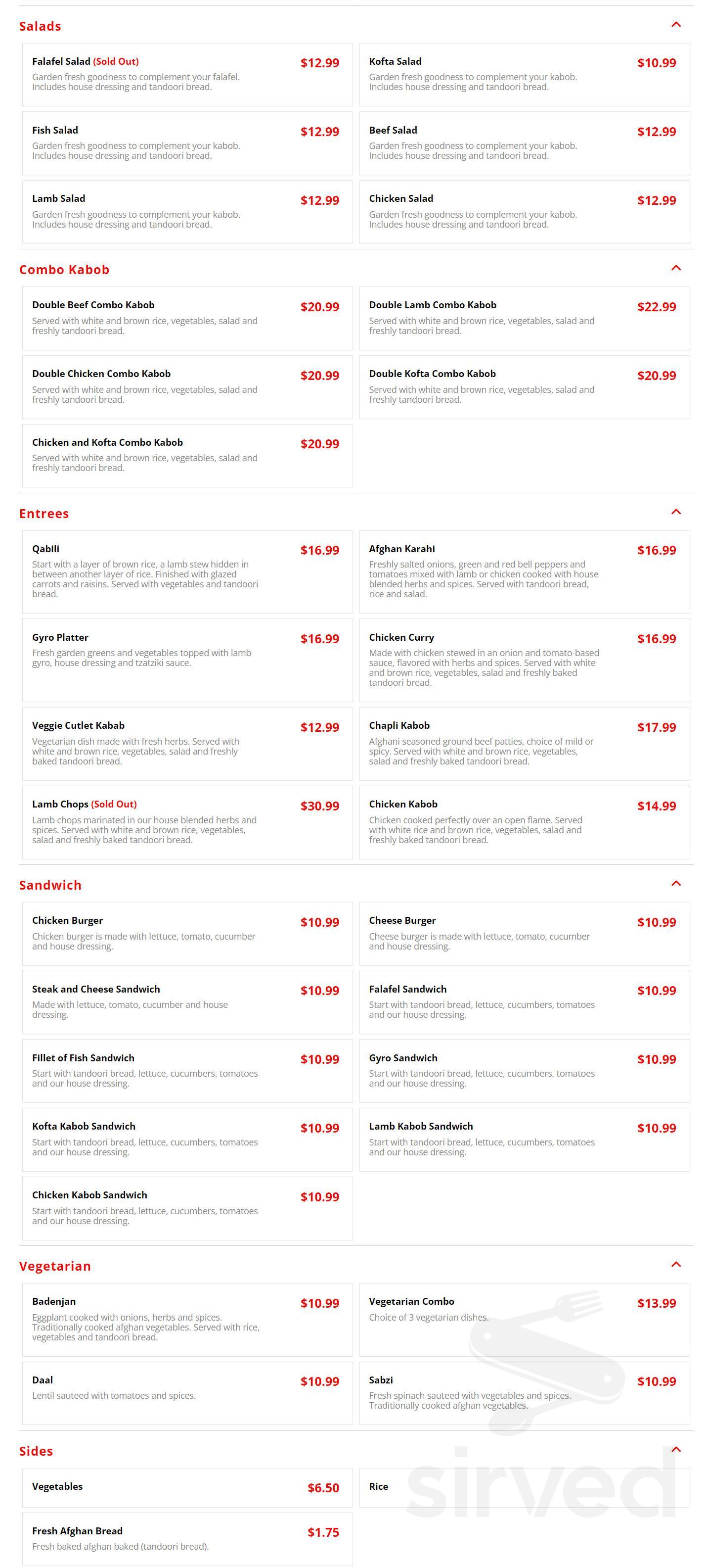 Menu - Sterling VA's Cafe Rice & Kabob | Sirved