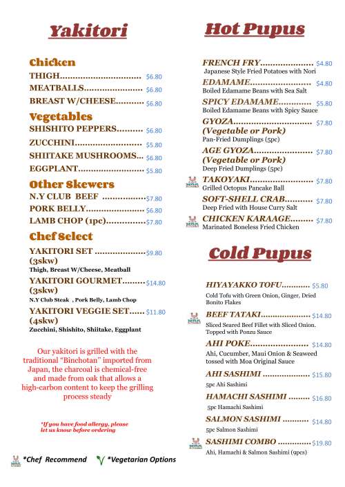 Moa Kitchen menu in Waimea, Hawaii, USA