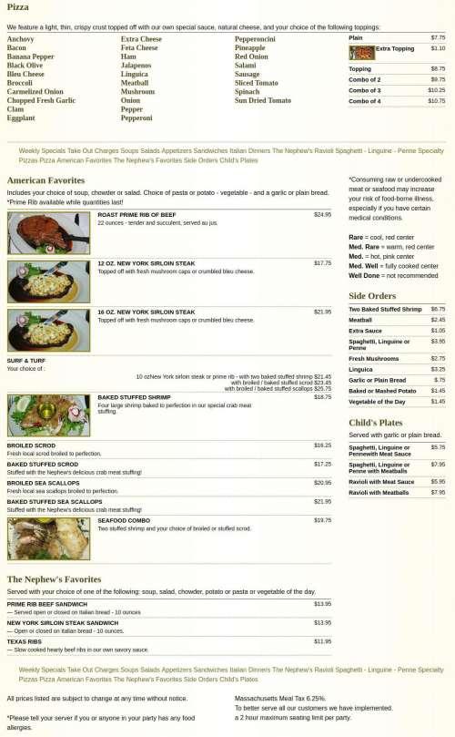 The Profile Tavern menu in East Freetown, Massachusetts, USA
