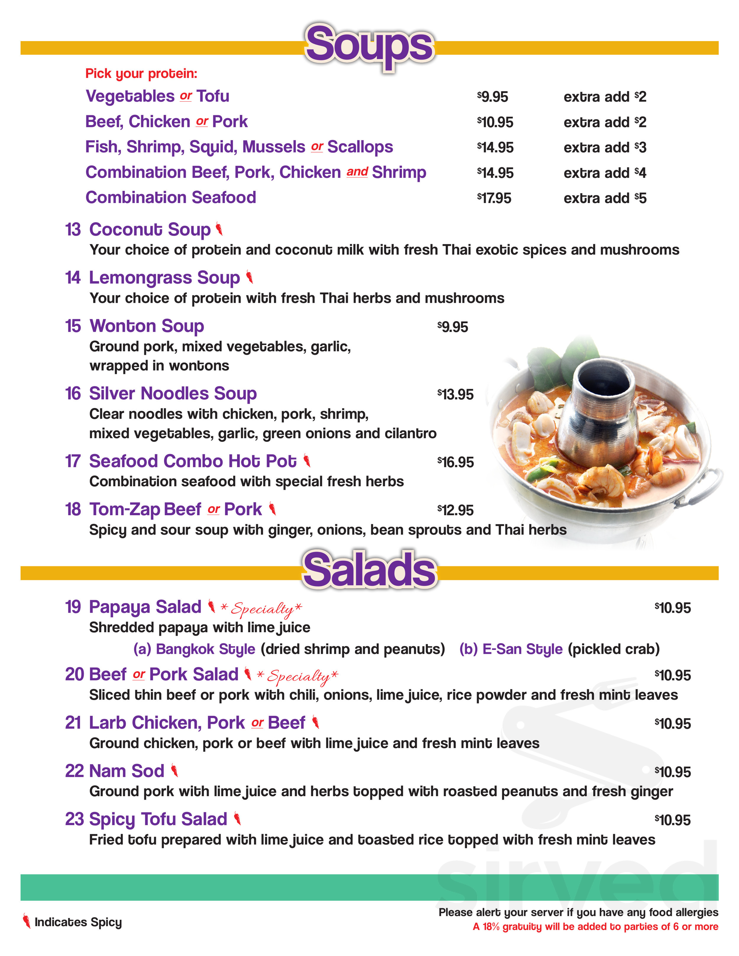 Thai E-San menu in Phoenix, Arizona, USA