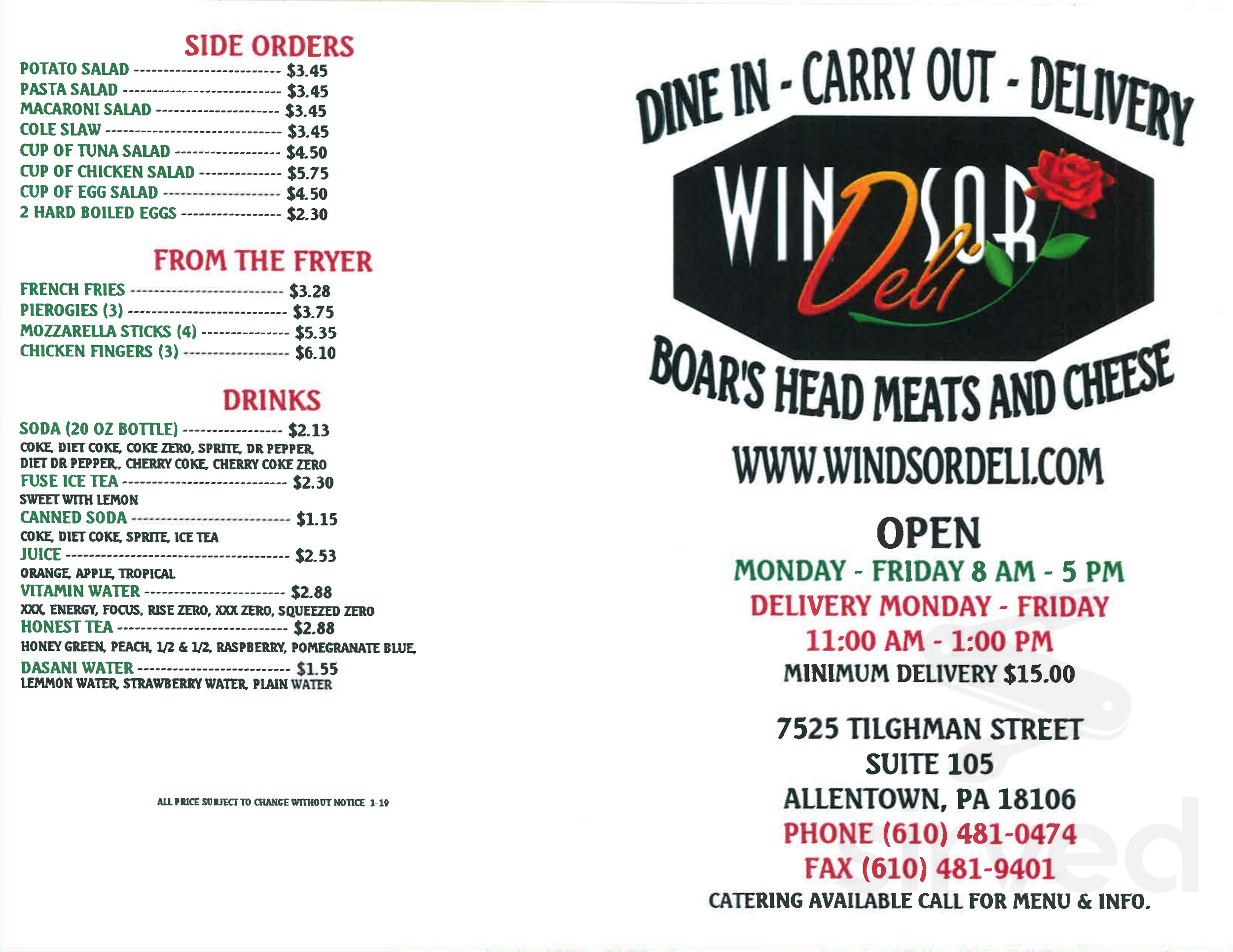 Windsor Deli menu in Allentown, Pennsylvania, USA