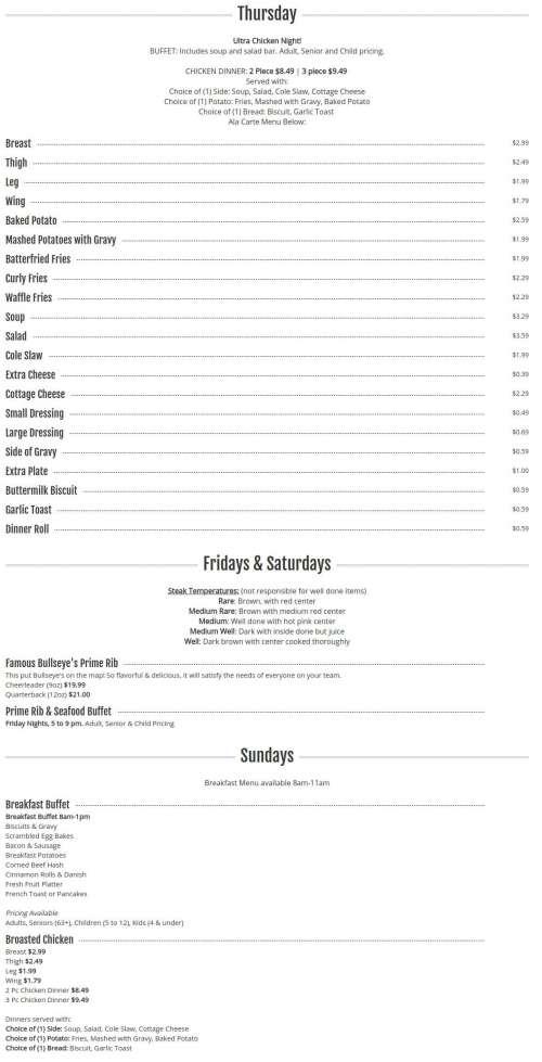 Bullseye's menu in Hastings, Nebraska, USA