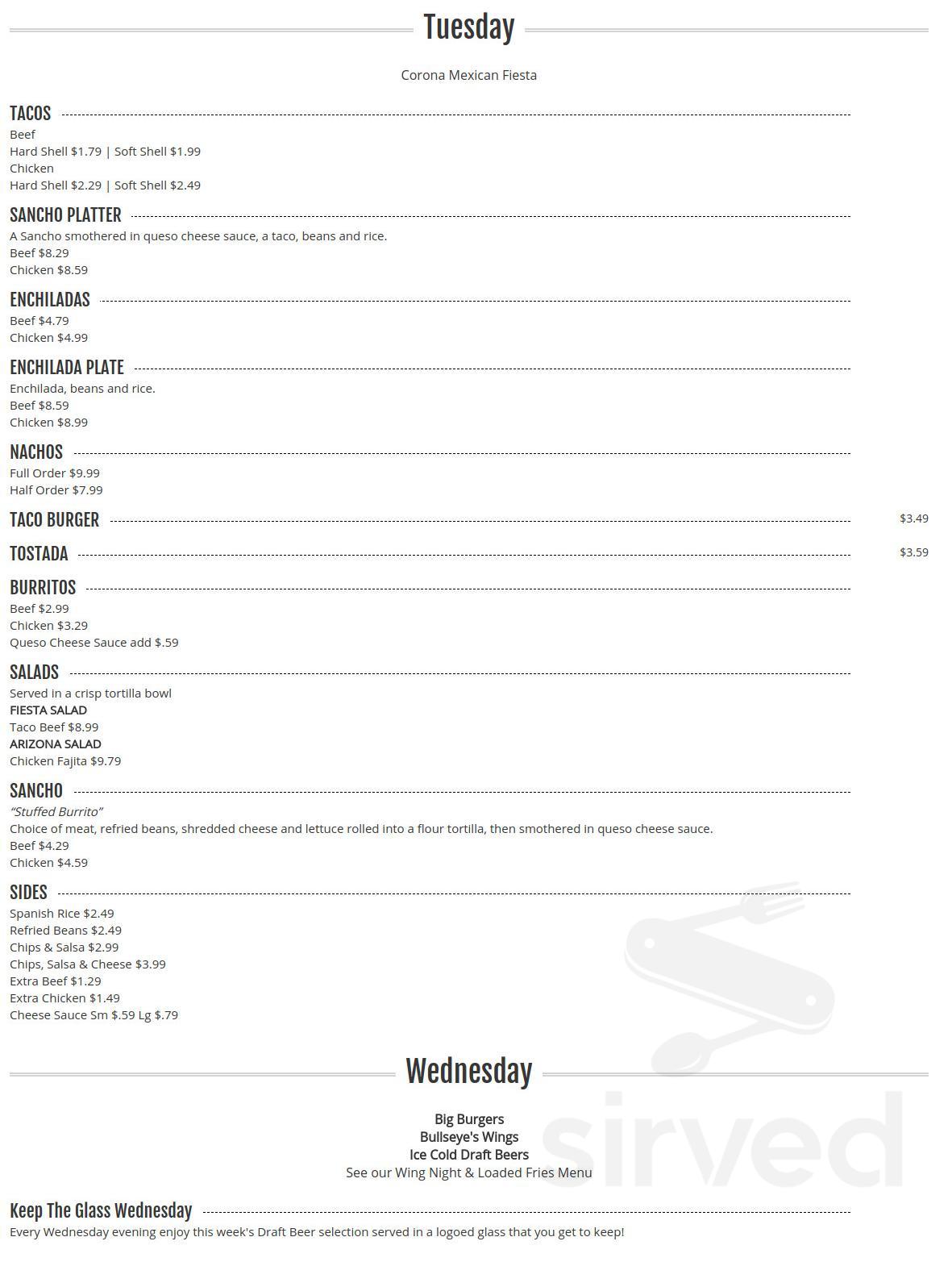 Bullseye's menu in Hastings, Nebraska, USA