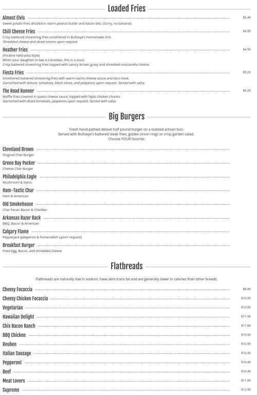 Bullseye's menu in Hastings, Nebraska, USA