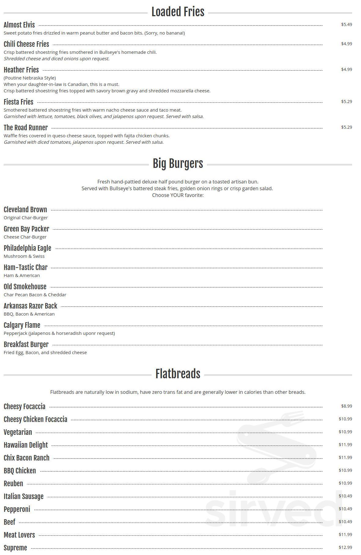 Menu for Bullseye’s in Hastings, Nebraska, United States