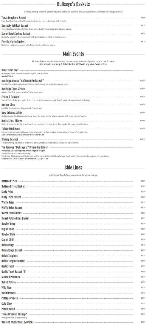 Bullseye's menu in Hastings, Nebraska, USA