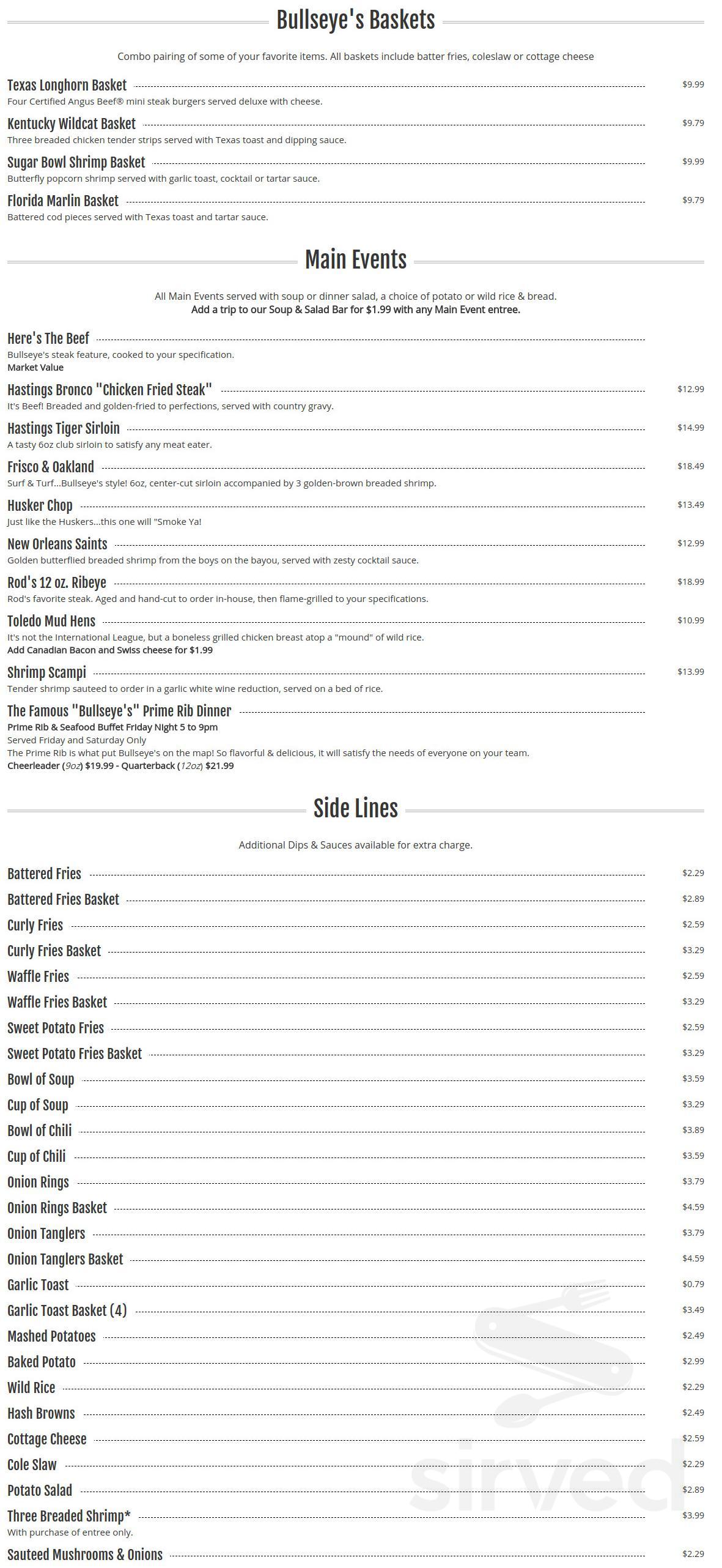 Bullseye’s menus in Hastings, Nebraska, United States