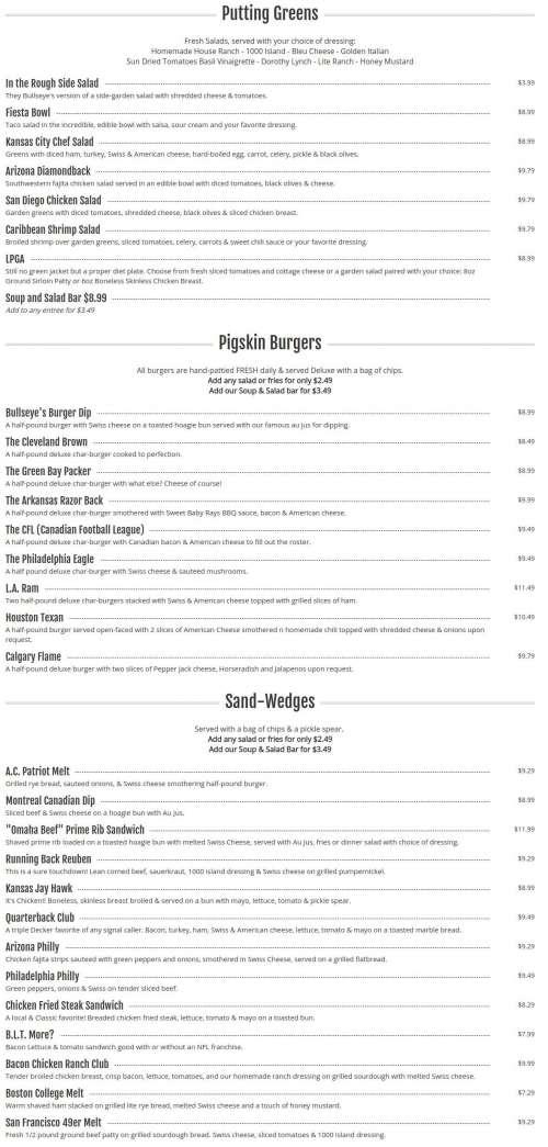 Bullseye's menu in Hastings, Nebraska, USA