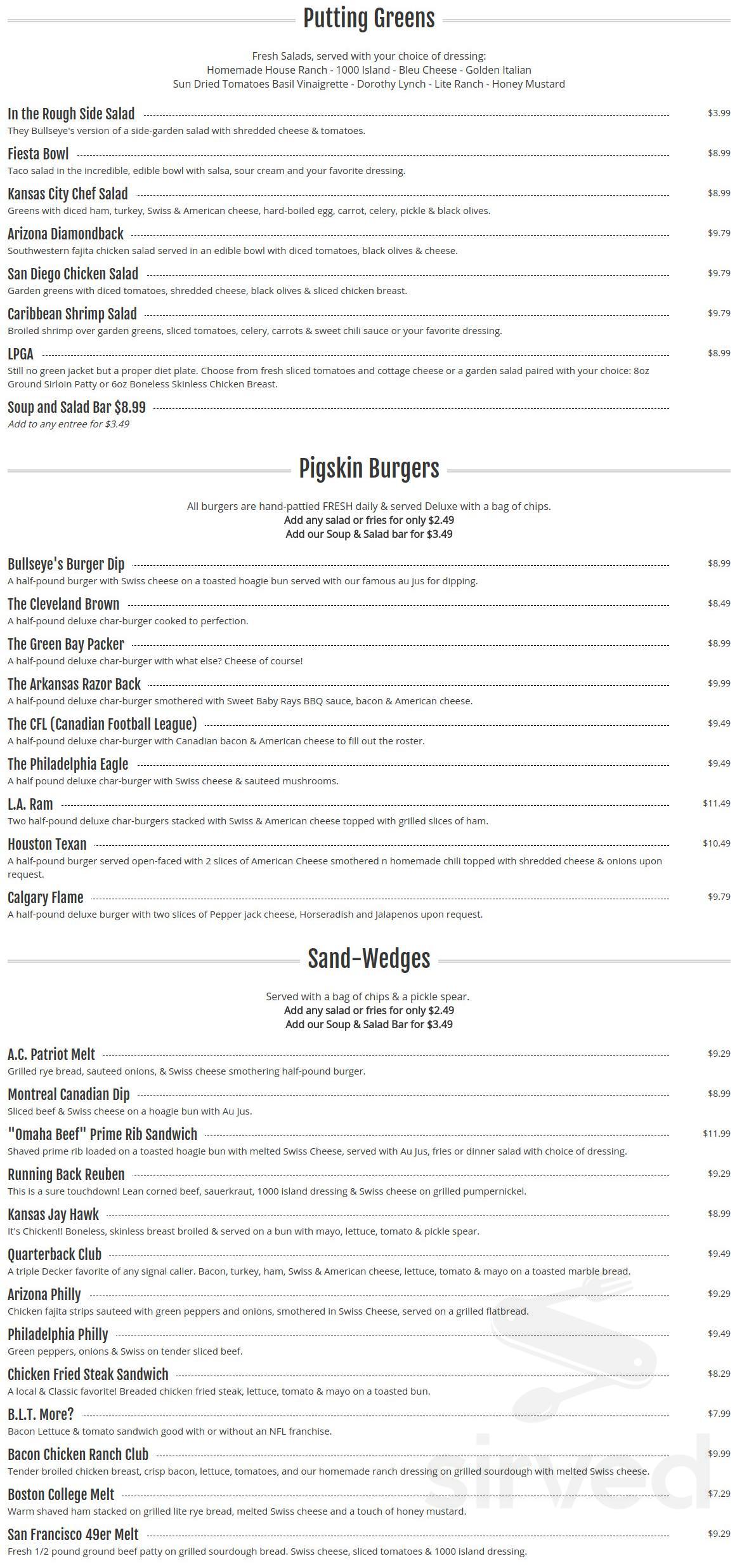 Menu for Bullseye’s in Hastings, Nebraska, United States