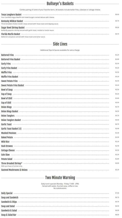 Bullseye's menu in Hastings, Nebraska, USA