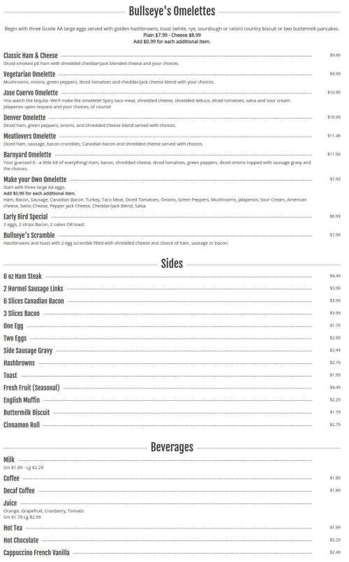 Bullseye's menu in Hastings, Nebraska, USA