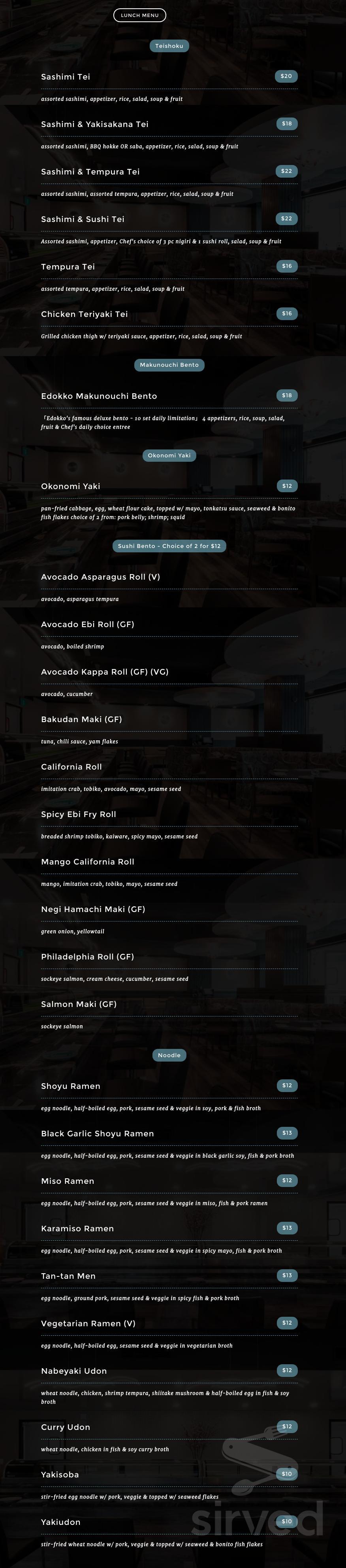 Edokko Japanese Food menu in Winnipeg, Manitoba, Canada