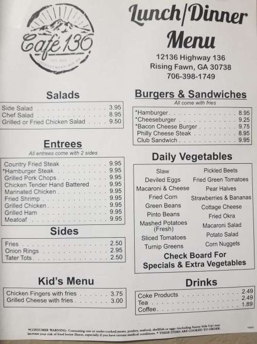 Cafe 136 menu in Rising Fawn, Georgia, USA