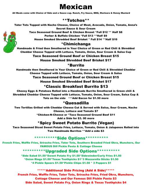 The Sizzling Pickle Eatery & Lounge menu in Craig, Colorado, USA