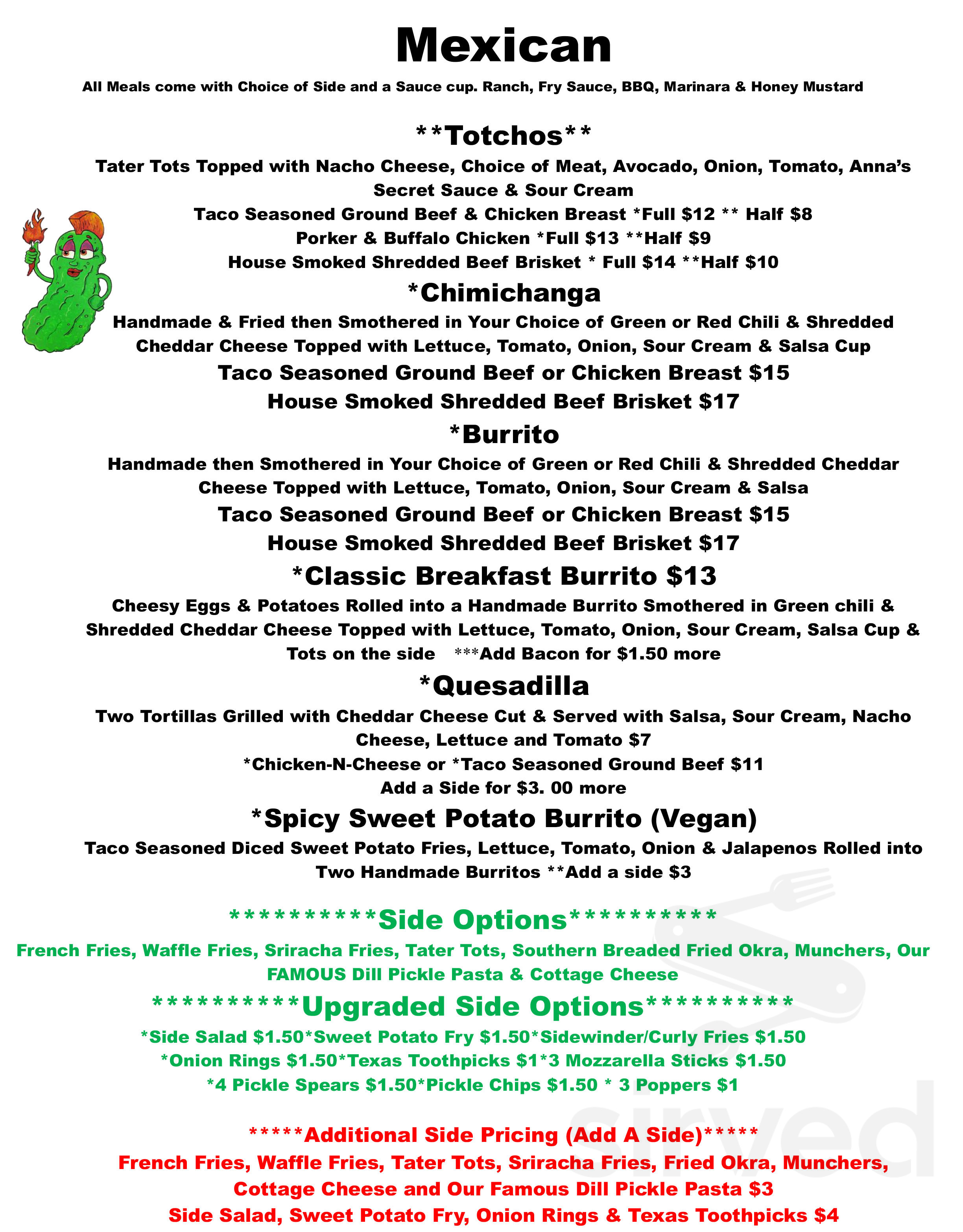 The Sizzling Pickle Eatery & Lounge menu in Craig, Colorado, USA