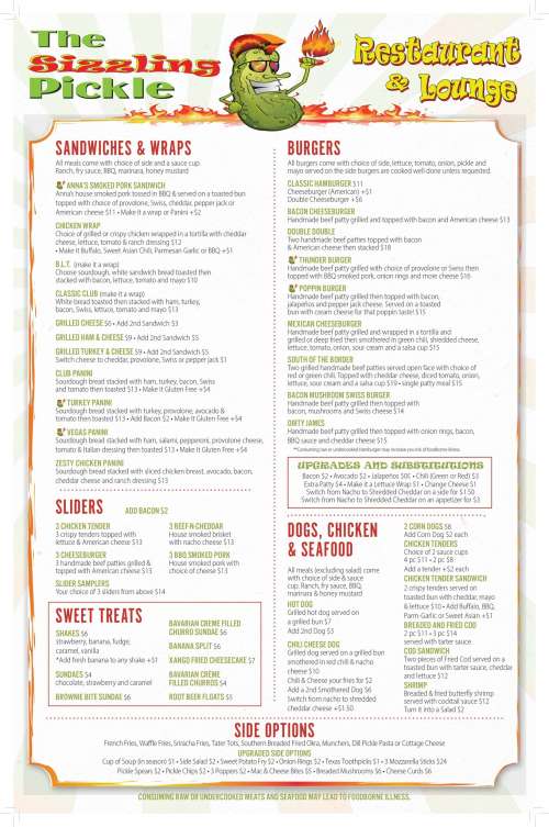 The Sizzling Pickle Eatery & Lounge menu in Craig, Colorado, USA