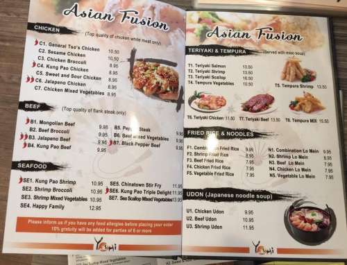 Yoshi menu in Lake Jackson, Texas, USA
