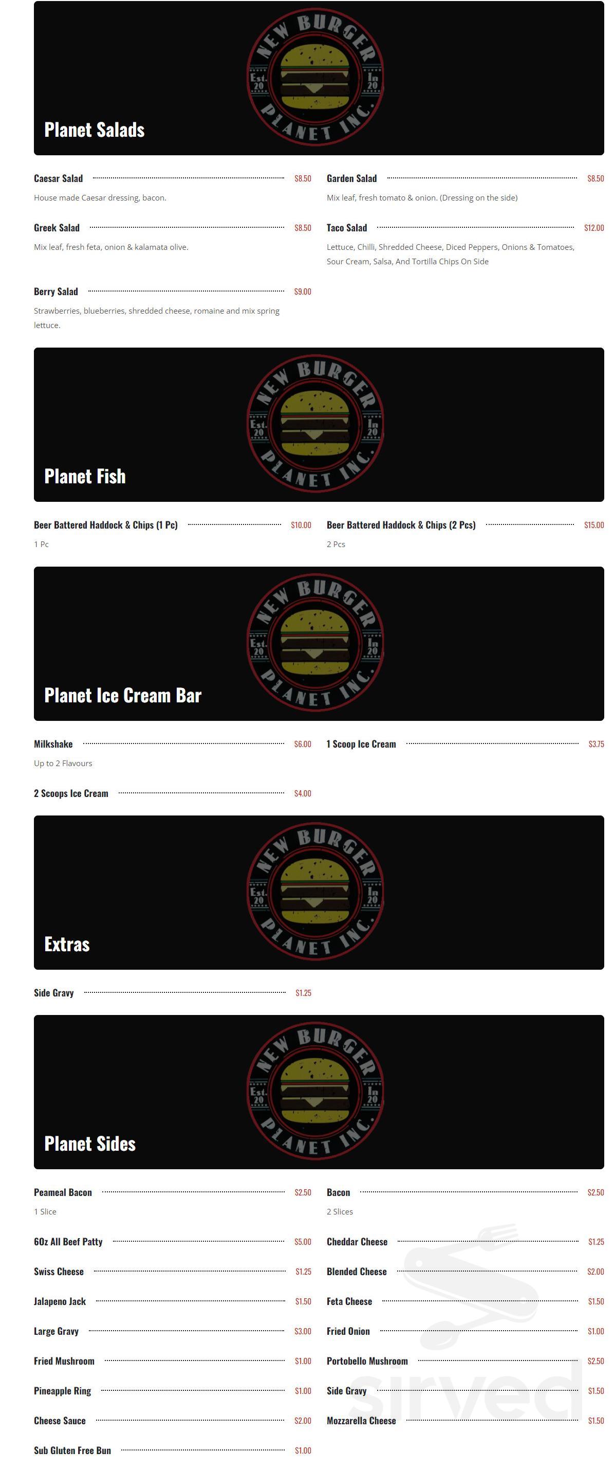 New Burger Planet Inc. menu in Timmins, Ontario, Canada