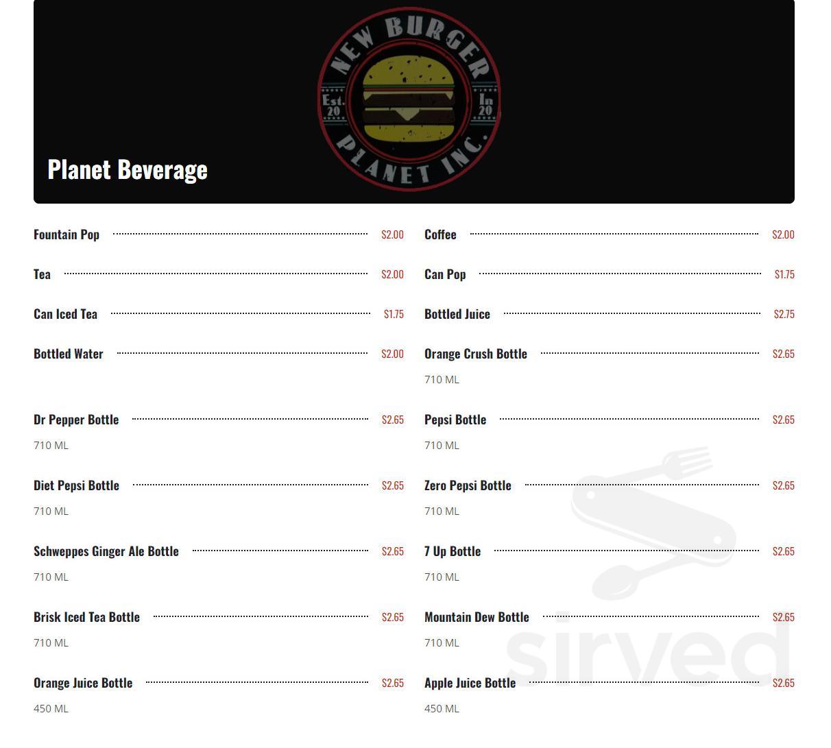 New Burger Planet Inc. menu in Timmins, Ontario, Canada