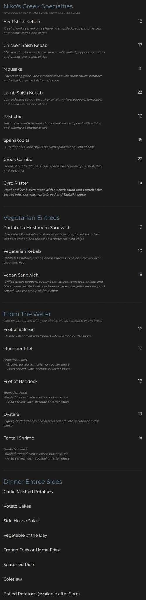 Niko's Grille menu in Lexington, Virginia, USA