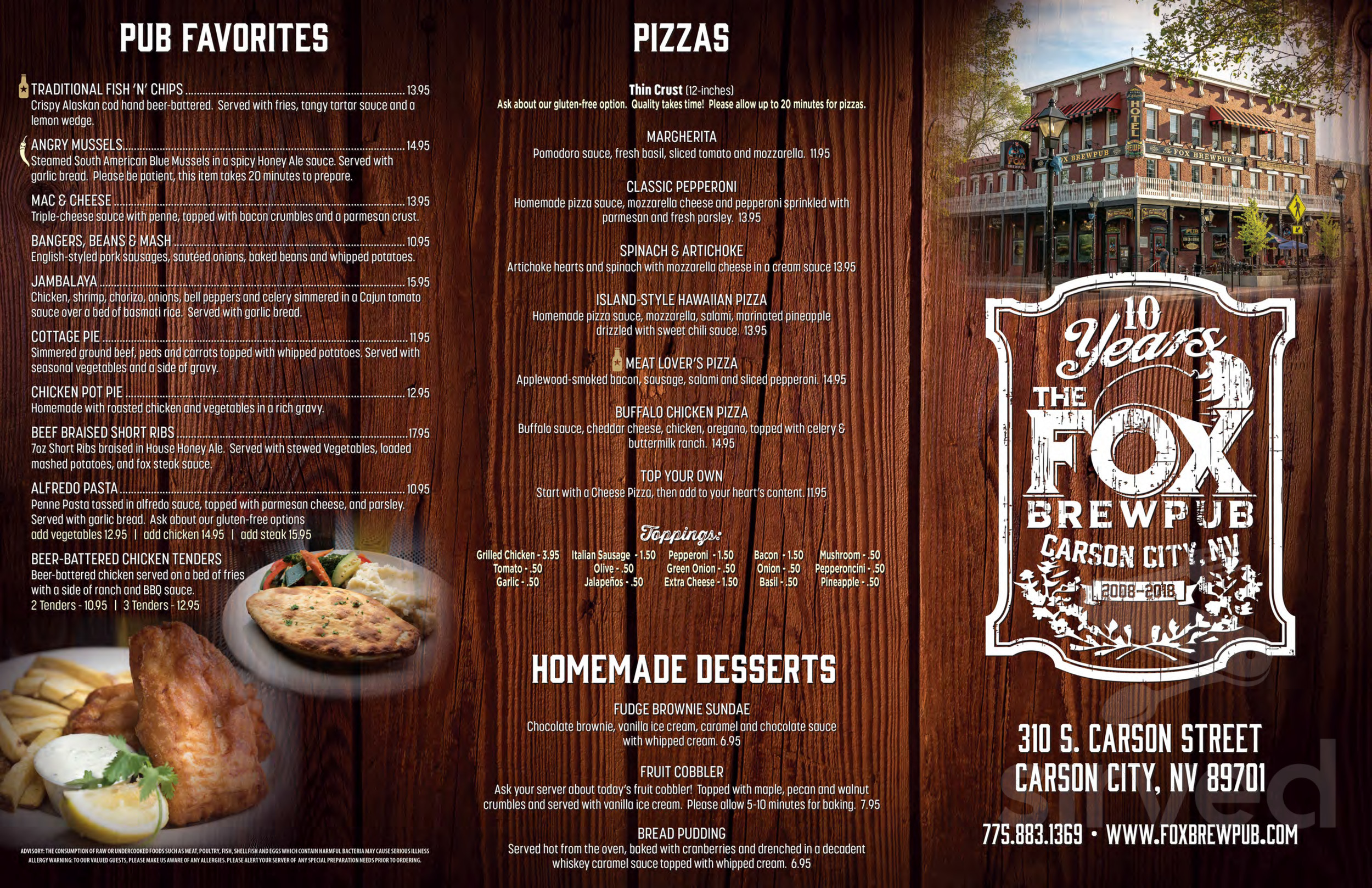 The Fox Brewery & Pub menu in Carson City, Nevada, USA