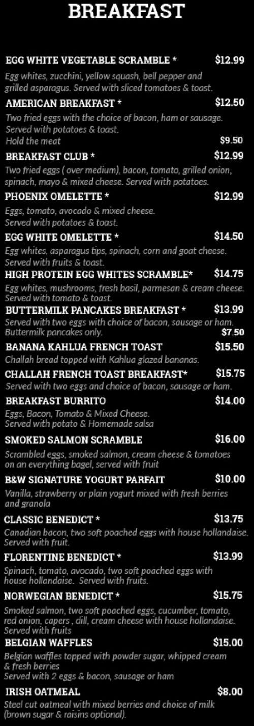 Black and white cafe menu in Glendale, Arizona, USA