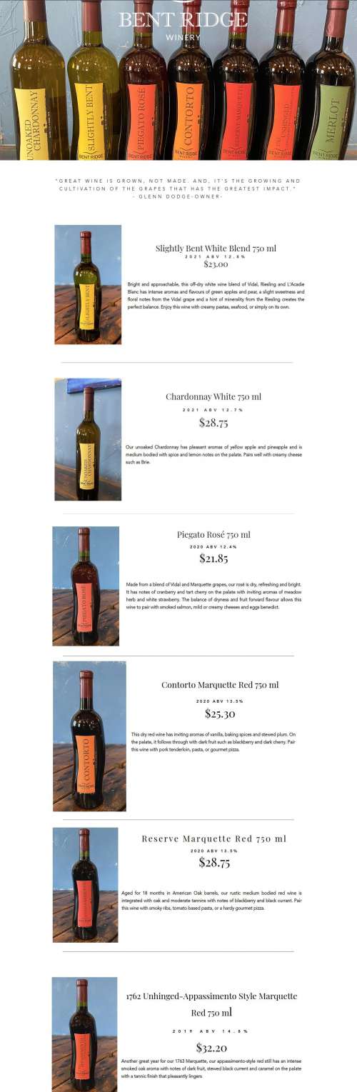 Bent Ridge Winery menu in Windsor, Nova Scotia, Canada