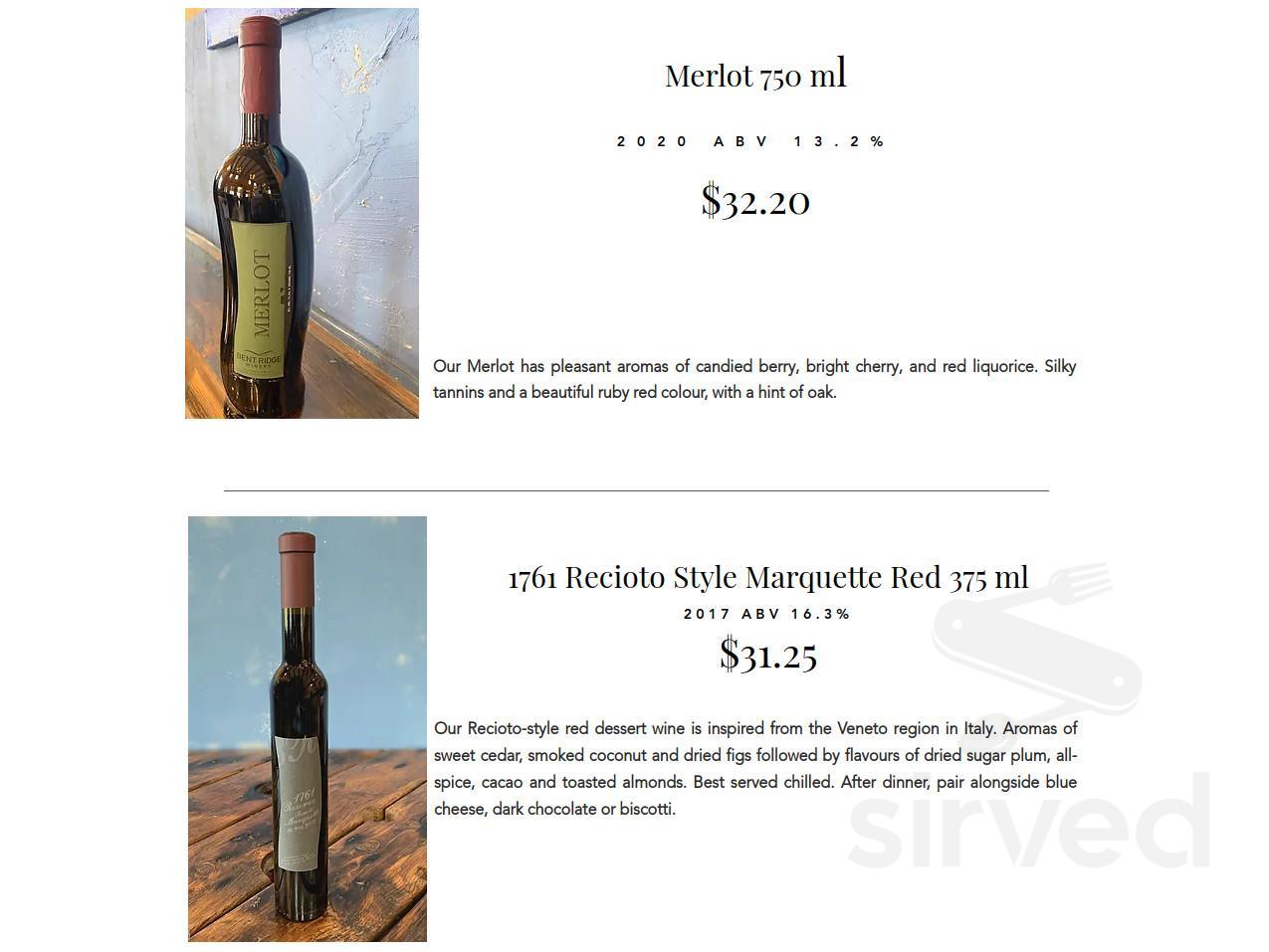 Bent Ridge Winery menu in Windsor, Nova Scotia, Canada