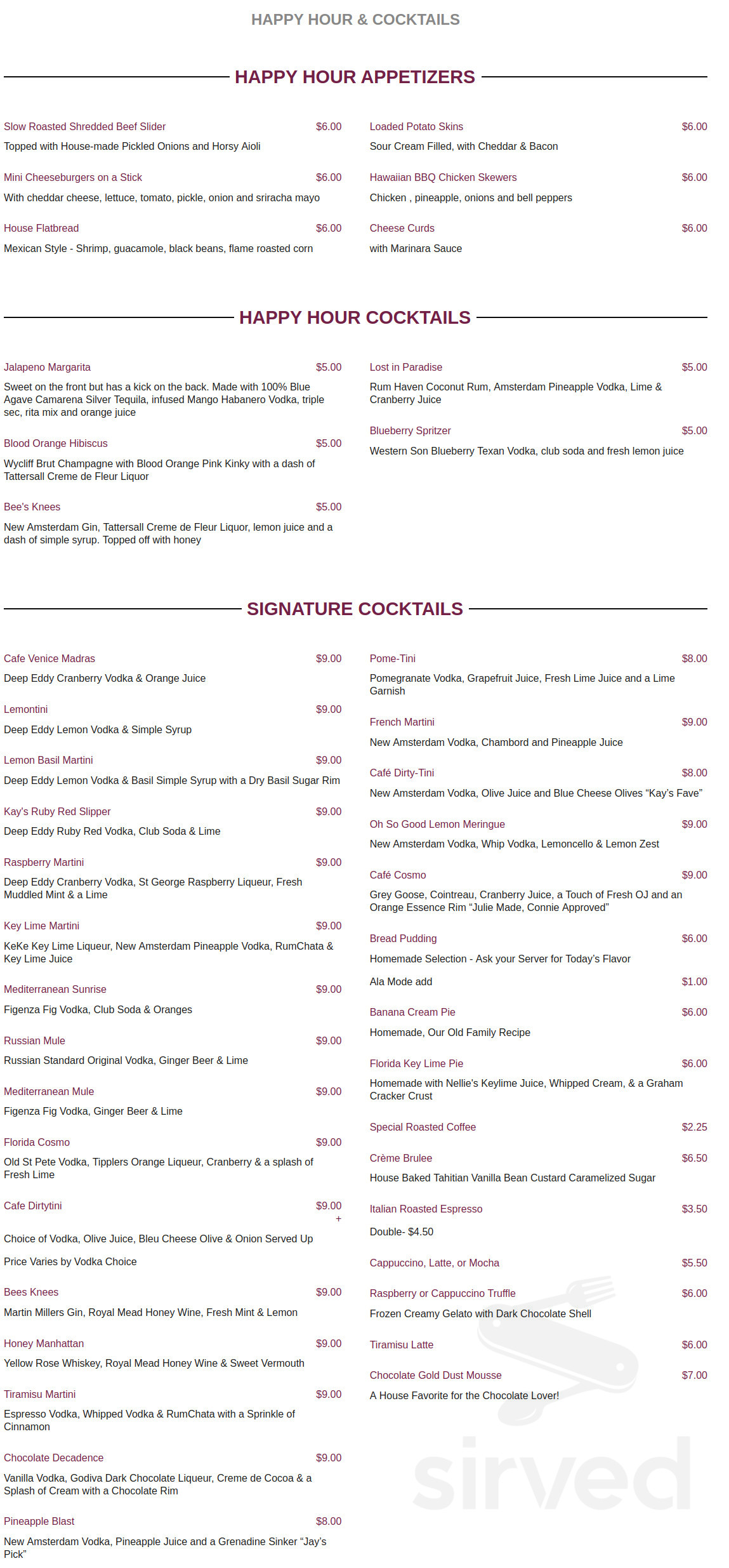 Cafe Venice Restaurant and Bar menu in Venice, Florida, USA