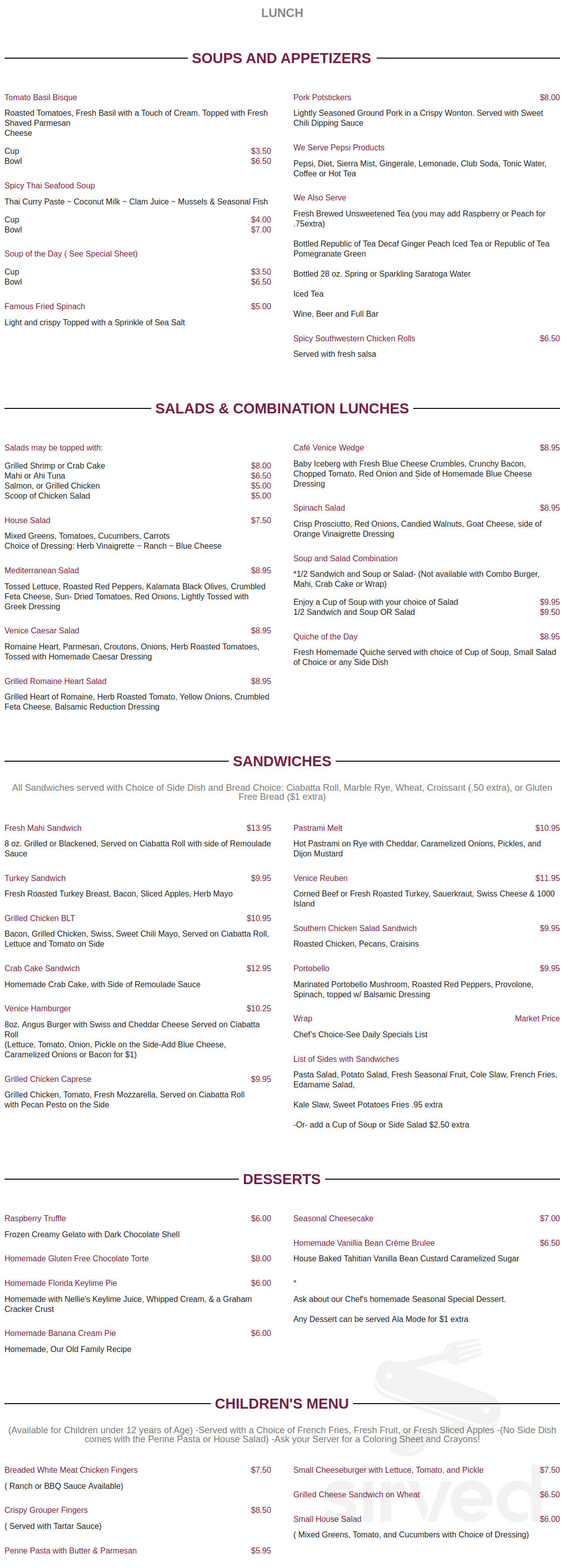 Cafe Venice Restaurant and Bar menu in Venice, Florida, USA