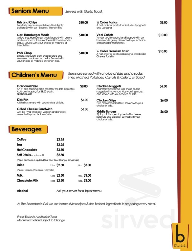 Menu - High Prairie AB's The Boondocks Grill | Sirved