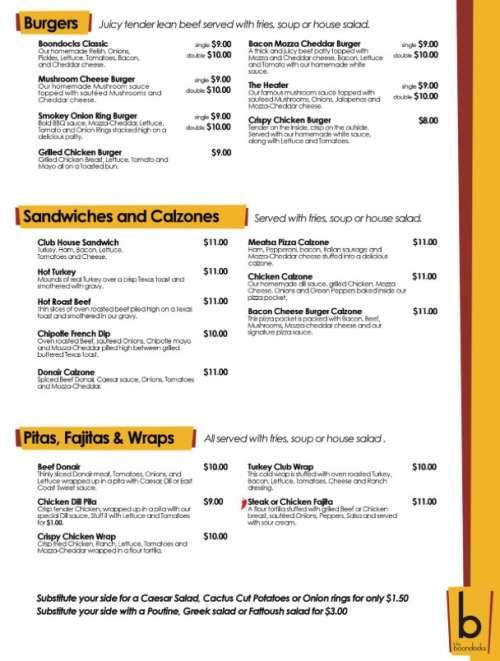 The Boondocks Grill menu in High Prairie, Alberta, Canada