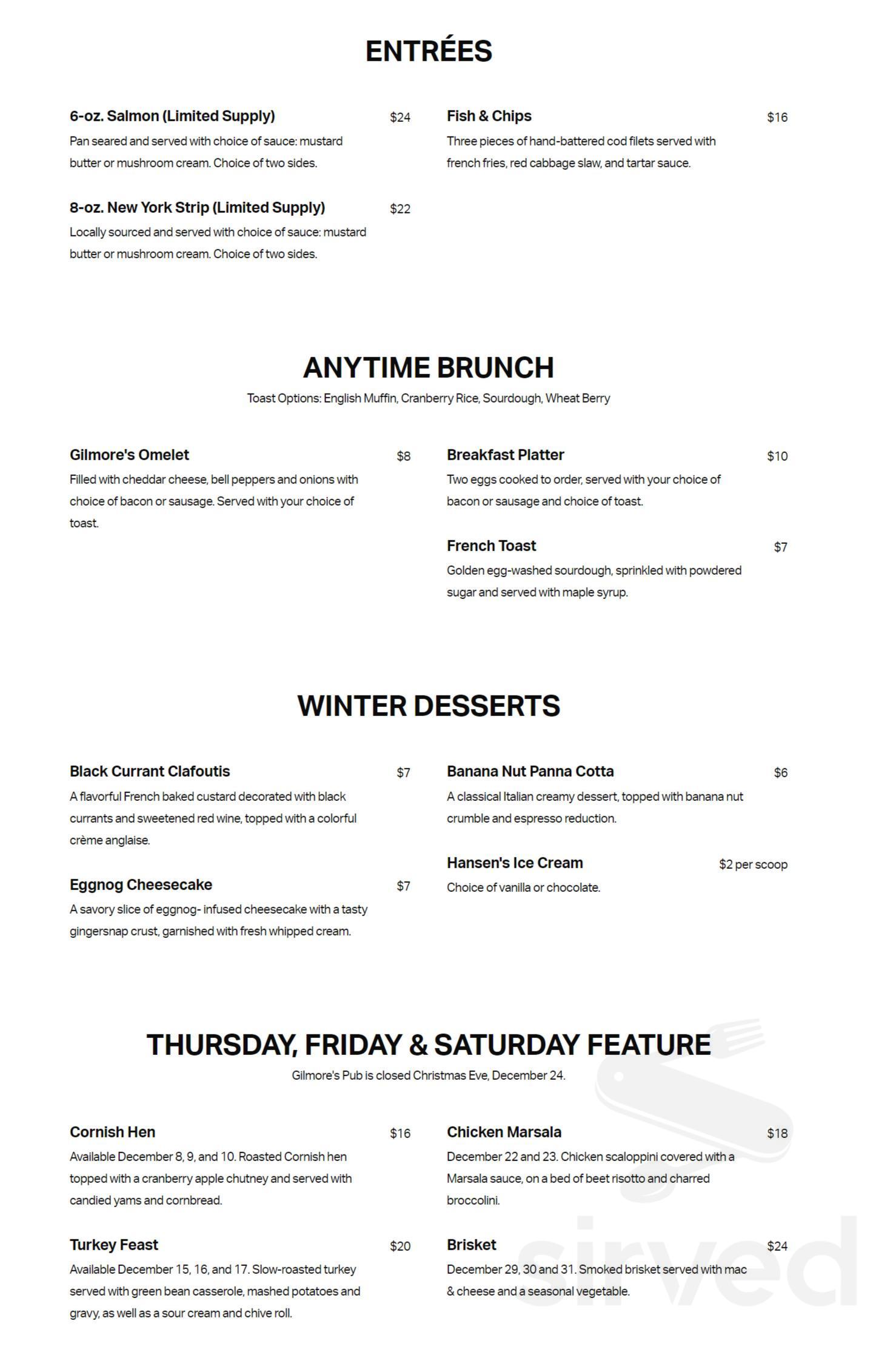 Menu for Gilmore's Pub in Cedar Falls, IA | Sirved