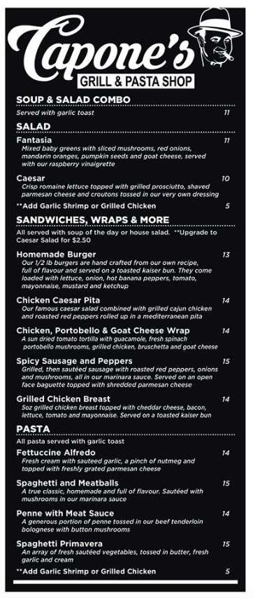 Capone's Grill & Pasta Shop menu in Windsor, Ontario, Canada
