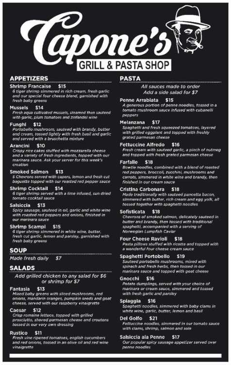 Capone's Grill & Pasta Shop menu in Windsor, Ontario, Canada