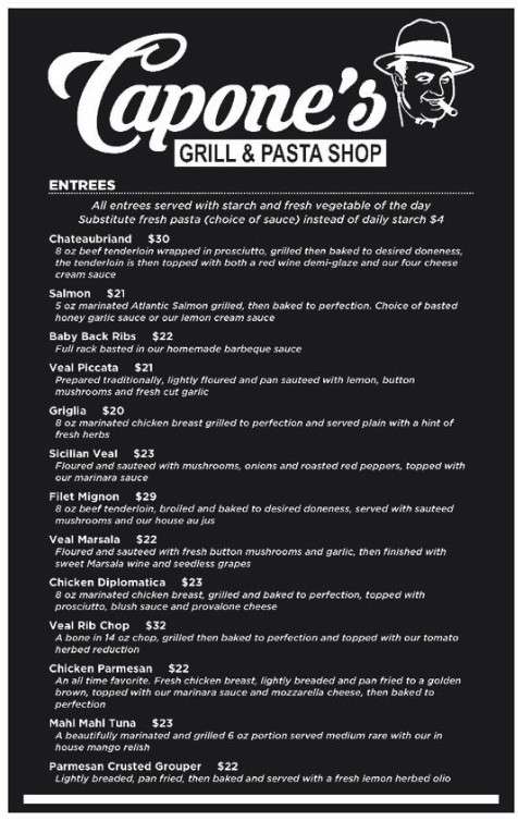 Capone's Grill & Pasta Shop menu in Windsor, Ontario, Canada