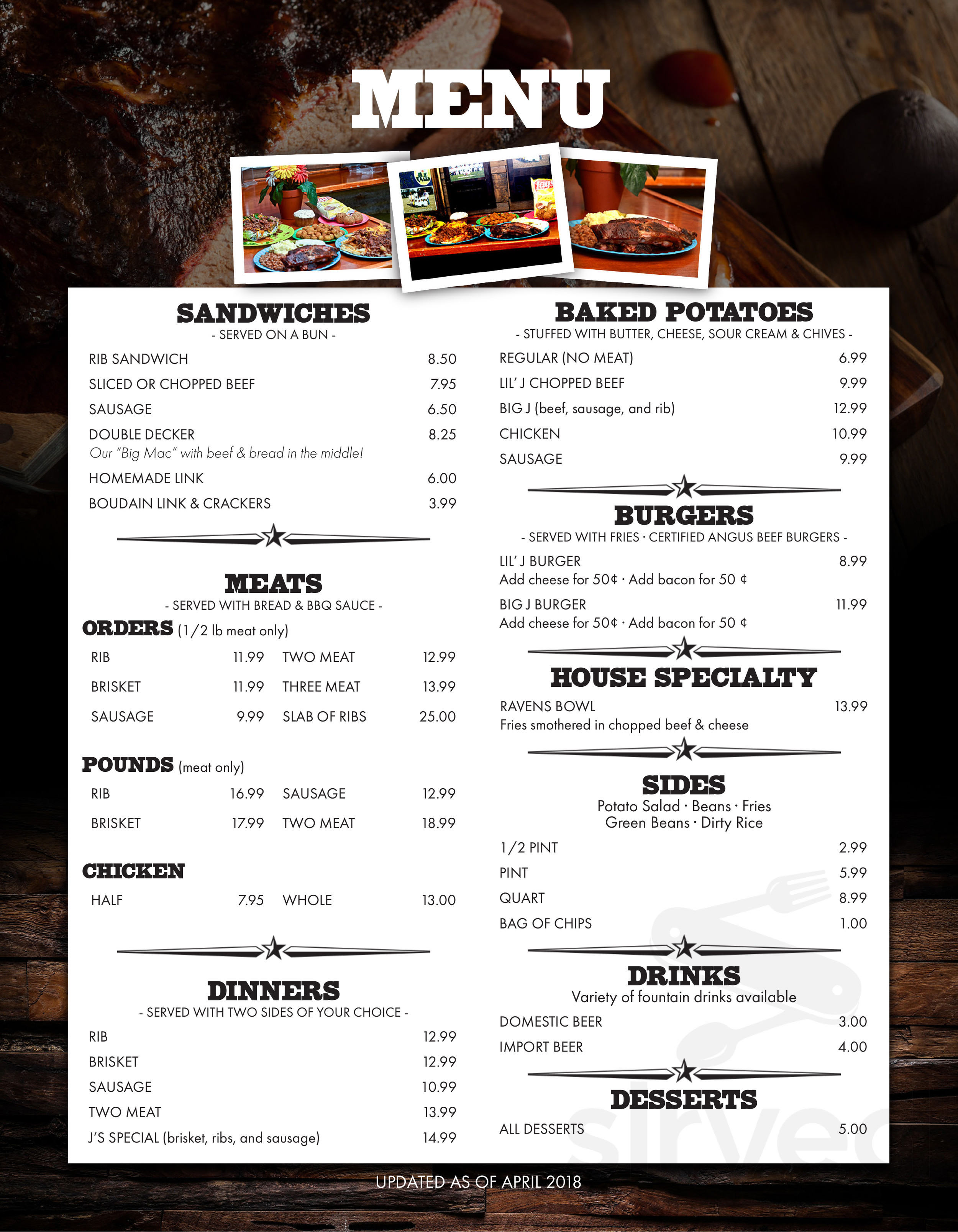Triple J's Smokehouse menu in Houston, Texas, USA