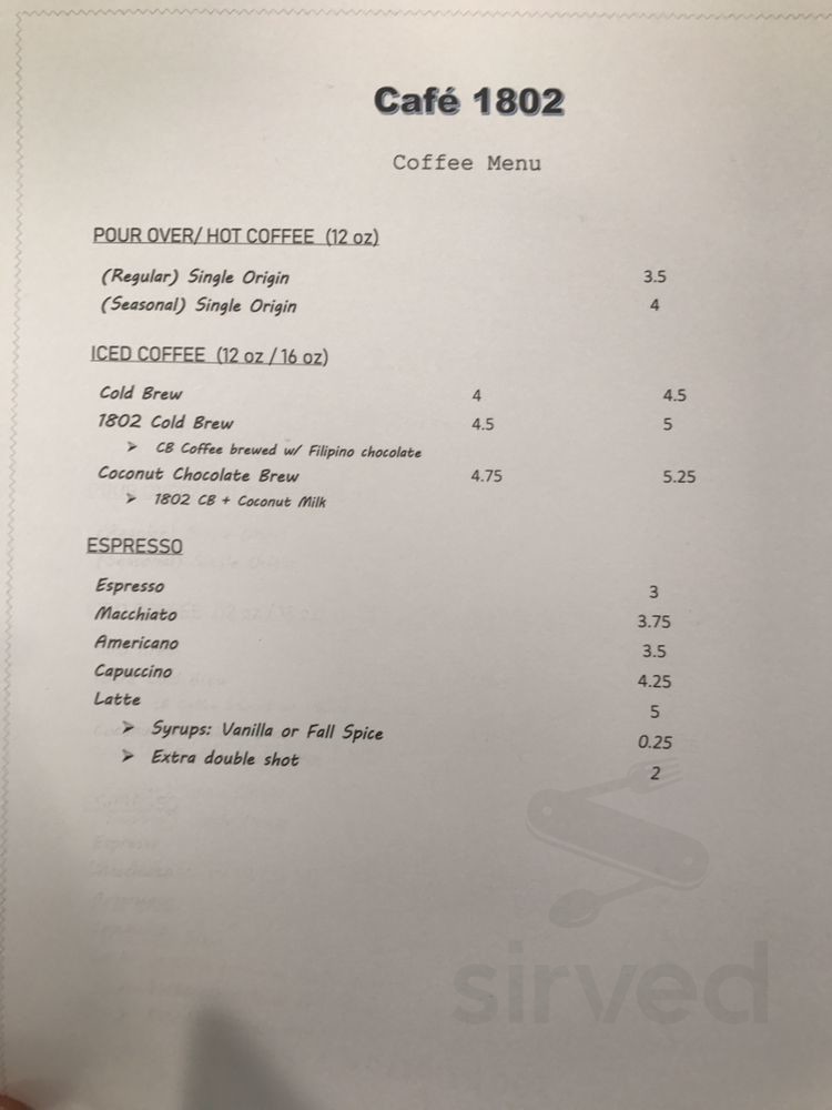 1802 Roasters menu in Los Angeles, California, USA