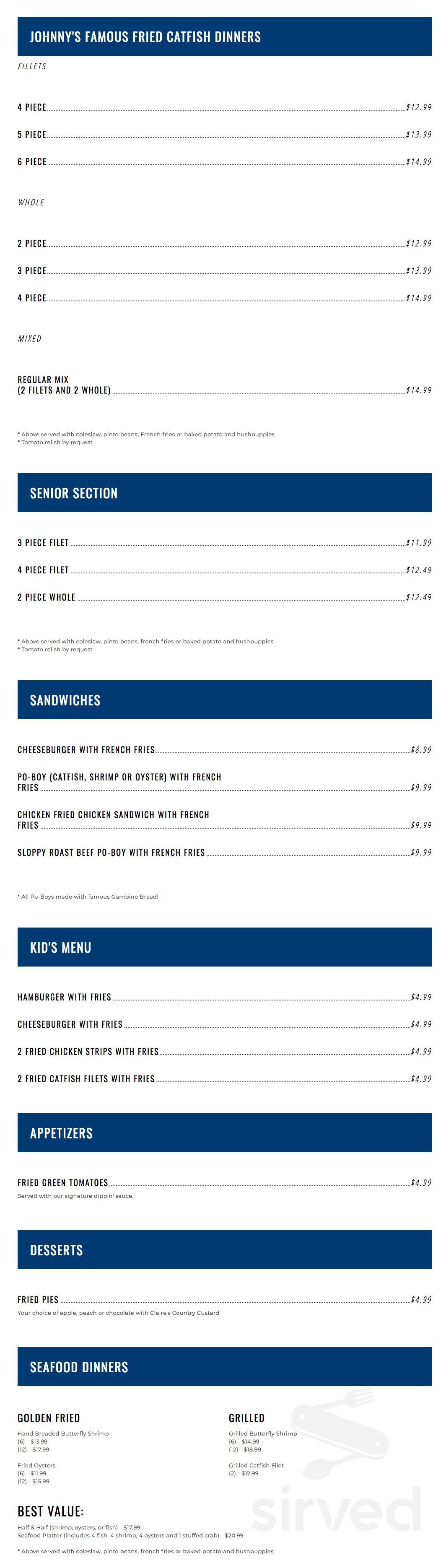 Johnny's Catfish & Seafood menu in Shreveport, Louisiana, USA